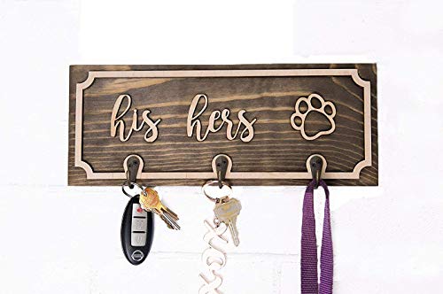 Handmade Wood Leash and Key Holder - Custom Personalized His and Hers, Pawprint