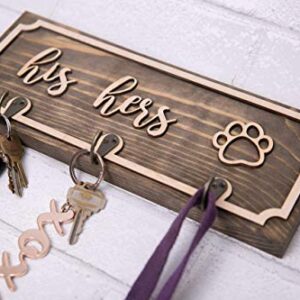 Handmade Wood Leash and Key Holder - Custom Personalized His and Hers, Pawprint