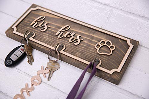 Handmade Wood Leash and Key Holder - Custom Personalized His and Hers, Pawprint