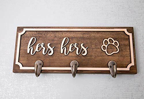 Handmade Wood Leash and Key Holder - Custom Personalized His and Hers, Pawprint