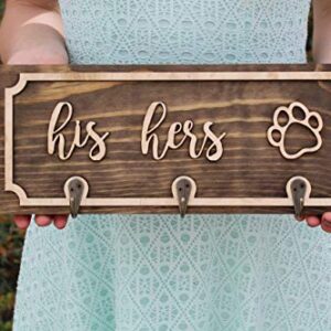 Handmade Wood Leash and Key Holder - Custom Personalized His and Hers, Pawprint