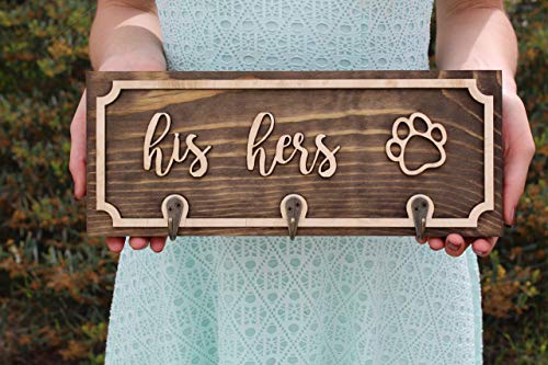 Handmade Wood Leash and Key Holder - Custom Personalized His and Hers, Pawprint