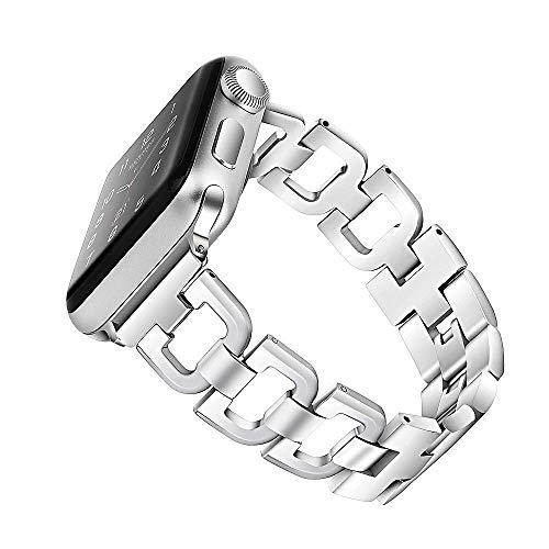 OULUCCI Stainless Steel Band Compatible with Apple Watch Band 38mm 40mm 41mm Women Iwatch Series 7, Series 8, Series 6, SE, Series 5, Series 4, Series 3,D-Shape Sport Strap (Silver)