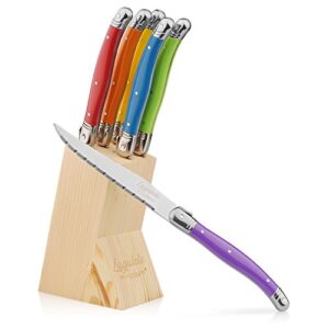 chopmate - laguiole style - stainless steel premium steak knife set - vibrant multi color edition - 6 piece set + bonus wood storage display block