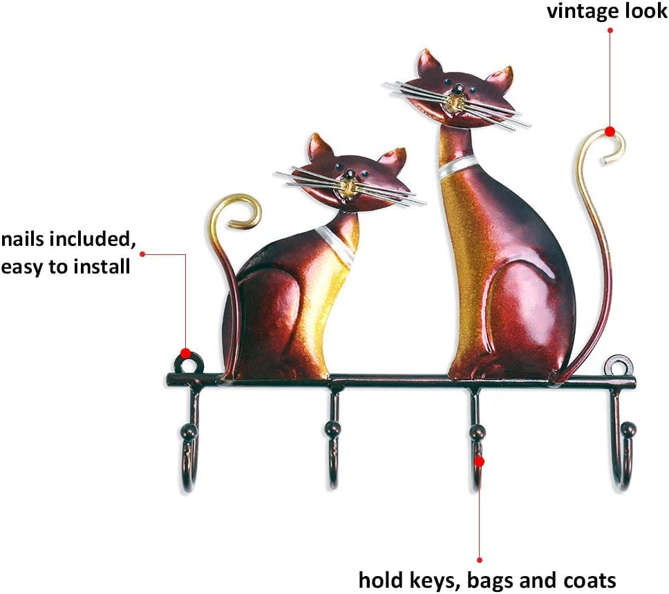 Tooarts Wall Mounted Key Holder Iron Cat Wall Hanger Hook Decor 4 Hooks for Coats Bags Wall Mount Clothes Holder Decorative Gift