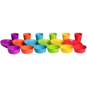 Klickpick Home Kids Plastic Dinner Set 18 Pcs - 6 colors Children Dishes Tumblers Includes Kids Plates Bowls Cups Toddlers Plastic Dinnerware Set Is Reusable Microwave Dishwasher Safe BPA Free