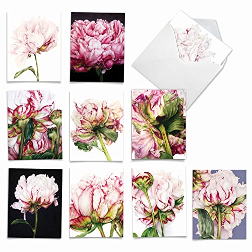 The Best Card Company - 10 Boxed Note Cards with Flowers - Blank Assorted Floral Notecards Bulk (4 x 5.12 Inch) - Precious Peonies AM6279OCB-B1x10