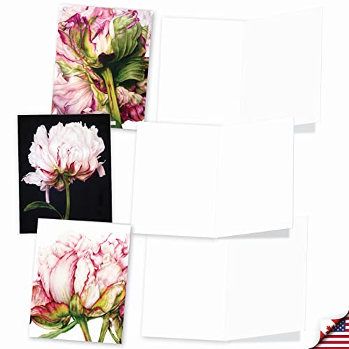 The Best Card Company - 10 Boxed Note Cards with Flowers - Blank Assorted Floral Notecards Bulk (4 x 5.12 Inch) - Precious Peonies AM6279OCB-B1x10