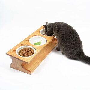 smith chu premium elevated pet bowls, raised dog cat feeder solid bamboo stand with ceramic food feeding bowl - cute kitty bowl for cats and puppy