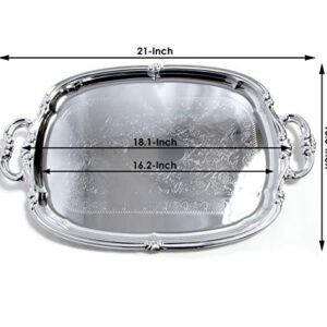 Maro Megastore (Pack of 4) 21-Inch x 13.5-Inch Elegant Victoria Floral Engraved with Handle Serving Tray Silver Metal Plate Platter Food Decorative Buffet Wedding Party (Extra Large) T166-4pk