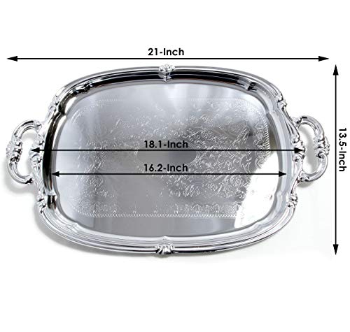 Maro Megastore (Pack of 4) 21-Inch x 13.5-Inch Elegant Victoria Floral Engraved with Handle Serving Tray Silver Metal Plate Platter Food Decorative Buffet Wedding Party (Extra Large) T166-4pk