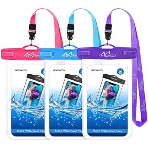 moko waterproof phone pouch 3pack, underwater phone case dry bag with lanyard compatible with iphone 14 13 12 11 pro max x/xr/xs max/se 3, galaxy s21/s10/s9, note 10/9/8