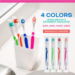 148 Individually Packaged Quality Large Head Medium Bristle Disposable Bulk Toothbrushes - Multi Color Pack - Convenient & Affordable - for Travel, Hotels, Airbnb, Relief Missions, Donations & More