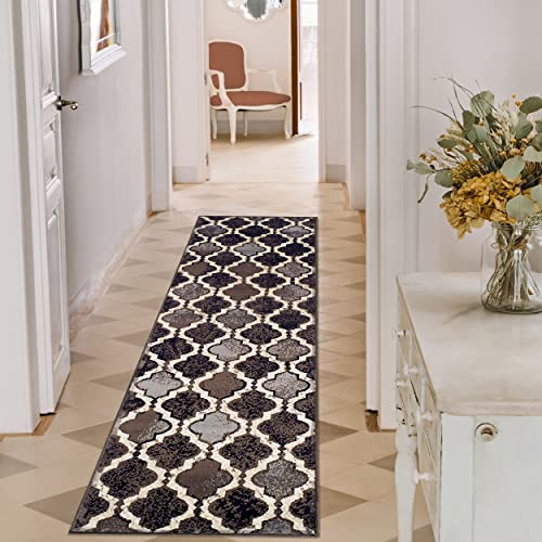 SUPERIOR Indoor Runner Rug, Jute Backed, Perfect for Living/Dining Room, Bedroom, Office, Kitchen, Entryway, Modern Geometric Trellis Floor Decor, Viking Collection, 2'7" x 8', Chocolate