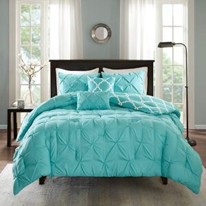 Madison Park Essentials Kasey Cozy Comforter Set - Fretwork Design, All Season Bedding with Matching Shams, Decorative Pillow, Queen (90in x 90 in), Diamond Aqua Comforter 5 Piece