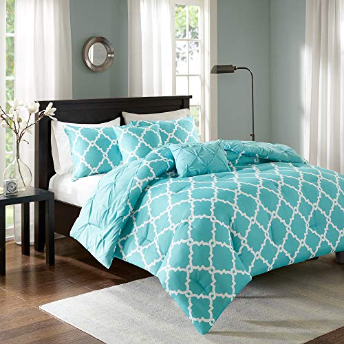 Madison Park Essentials Kasey Cozy Comforter Set - Fretwork Design, All Season Bedding with Matching Shams, Decorative Pillow, Queen (90in x 90 in), Diamond Aqua Comforter 5 Piece