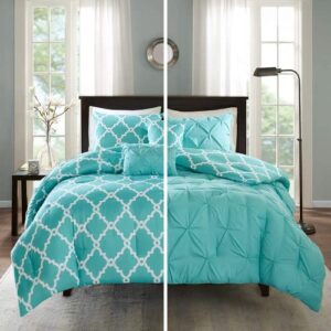 Madison Park Essentials Kasey Cozy Comforter Set - Fretwork Design, All Season Bedding with Matching Shams, Decorative Pillow, Queen (90in x 90 in), Diamond Aqua Comforter 5 Piece