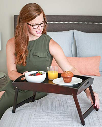 BirdRock Home Bamboo Bed Tray - Wooden Curved Sides Breakfast Serving Tray with Folding Legs - Walnut