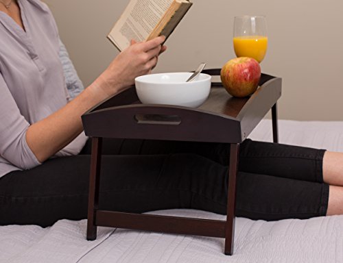 BirdRock Home Bamboo Bed Tray - Wooden Curved Sides Breakfast Serving Tray with Folding Legs - Walnut