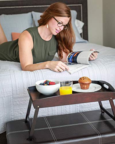 BirdRock Home Bamboo Bed Tray - Wooden Curved Sides Breakfast Serving Tray with Folding Legs - Walnut