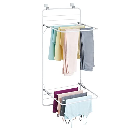 mDesign Steel Collapsible Over The Door, Hanging Laundry Dry Rack Clothes Organizer, 2 Tiers - for Indoor Air-Drying Clothing, Towels, Lingerie, Hosiery, Delicates - Folds Compact - White/Gray