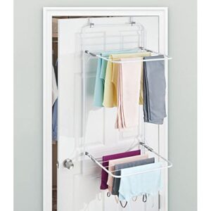 mDesign Steel Collapsible Over The Door, Hanging Laundry Dry Rack Clothes Organizer, 2 Tiers - for Indoor Air-Drying Clothing, Towels, Lingerie, Hosiery, Delicates - Folds Compact - White/Gray