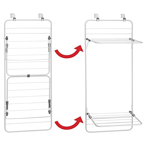 mDesign Steel Collapsible Over The Door, Hanging Laundry Dry Rack Clothes Organizer, 2 Tiers - for Indoor Air-Drying Clothing, Towels, Lingerie, Hosiery, Delicates - Folds Compact - White/Gray