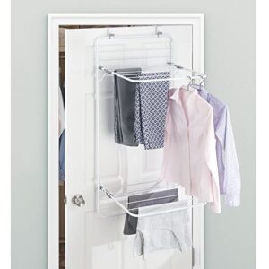 mDesign Steel Collapsible Over The Door, Hanging Laundry Dry Rack Clothes Organizer, 2 Tiers - for Indoor Air-Drying Clothing, Towels, Lingerie, Hosiery, Delicates - Folds Compact - White/Gray