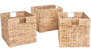 3 decorative hand-woven small water hyacinth wicker storage basket, 13x11x11 perfect for shelving units