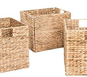 3 Decorative Hand-Woven Small Water Hyacinth Wicker Storage Basket, 13x11x11 Perfect for Shelving Units