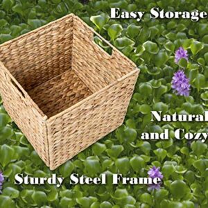 3 Decorative Hand-Woven Small Water Hyacinth Wicker Storage Basket, 13x11x11 Perfect for Shelving Units