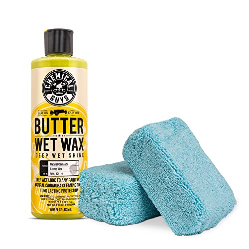 Chemical Guys WAC_201_16 Butter Wet Wax (16 fl oz) Banana Scent, and MIC_292_02 Premium Grade Microfiber Applicator, Blue (Pack of 2)