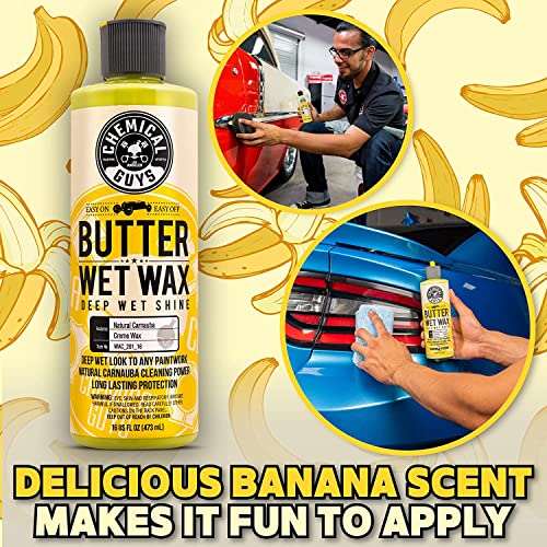 Chemical Guys WAC_201_16 Butter Wet Wax (16 fl oz) Banana Scent, and MIC_292_02 Premium Grade Microfiber Applicator, Blue (Pack of 2)