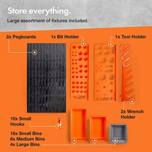 VonHaus 44 Piece Wall Mounted Pegboard Hook, Storage Bins and Panel Set - DIY Garage Storage Wall Mount System with Rack and Bin Accessories - Tool, Parts and Craft Organizer