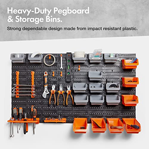 VonHaus 44 Piece Wall Mounted Pegboard Hook, Storage Bins and Panel Set - DIY Garage Storage Wall Mount System with Rack and Bin Accessories - Tool, Parts and Craft Organizer