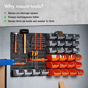 VonHaus 44 Piece Wall Mounted Pegboard Hook, Storage Bins and Panel Set - DIY Garage Storage Wall Mount System with Rack and Bin Accessories - Tool, Parts and Craft Organizer