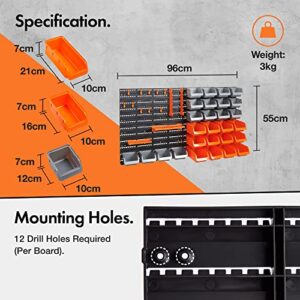 VonHaus 44 Piece Wall Mounted Pegboard Hook, Storage Bins and Panel Set - DIY Garage Storage Wall Mount System with Rack and Bin Accessories - Tool, Parts and Craft Organizer