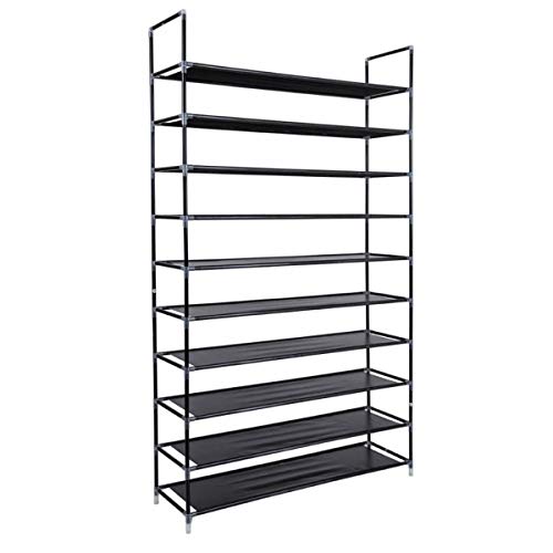 SoSo-BanTian1989 Black 10 Tiers Metal Tube Free Standing Shoe Rack, 50 Pairs Expandable Divisible Non-Woven Fabric Shoe Storage Organizer Cabinet Tower Shelf