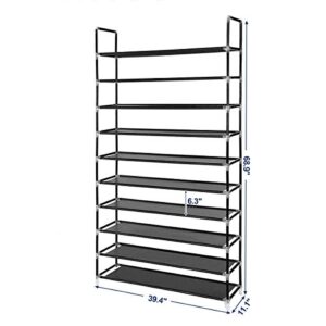 SoSo-BanTian1989 Black 10 Tiers Metal Tube Free Standing Shoe Rack, 50 Pairs Expandable Divisible Non-Woven Fabric Shoe Storage Organizer Cabinet Tower Shelf