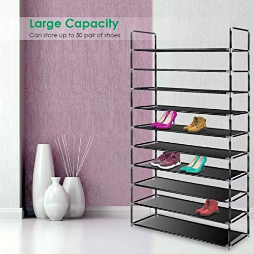 SoSo-BanTian1989 Black 10 Tiers Metal Tube Free Standing Shoe Rack, 50 Pairs Expandable Divisible Non-Woven Fabric Shoe Storage Organizer Cabinet Tower Shelf