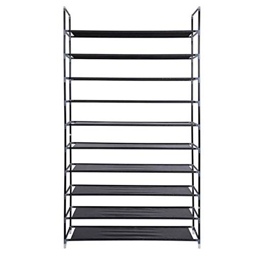 SoSo-BanTian1989 Black 10 Tiers Metal Tube Free Standing Shoe Rack, 50 Pairs Expandable Divisible Non-Woven Fabric Shoe Storage Organizer Cabinet Tower Shelf