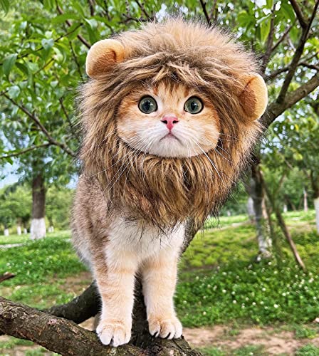 RosyLife Lion Mane Wig for Cat Costume Pet Adjustable Washable Comfortable Fancy Lion Hair Cat Clothes Dress for Halloween Christmas Easter Festival Party Activity (Brown)