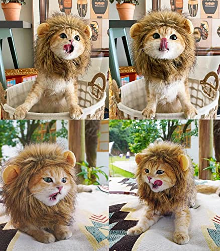 RosyLife Lion Mane Wig for Cat Costume Pet Adjustable Washable Comfortable Fancy Lion Hair Cat Clothes Dress for Halloween Christmas Easter Festival Party Activity (Brown)