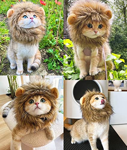 RosyLife Lion Mane Wig for Cat Costume Pet Adjustable Washable Comfortable Fancy Lion Hair Cat Clothes Dress for Halloween Christmas Easter Festival Party Activity (Brown)