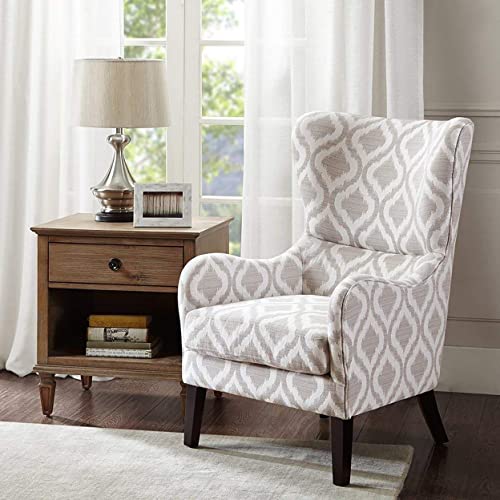 Madison Park Arianna Accent Hardwood, Faux Linen Modern Contemporary Style Living Room Sofa Furniture Swoop Wing Arm Bedroom Chairs Seats, Deep, Ogee Grey