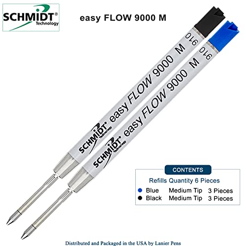 6 Pack - Schmidt Easy FLOW 9000 - 3 Black Ink & 3 Blue Ink - Medium Point