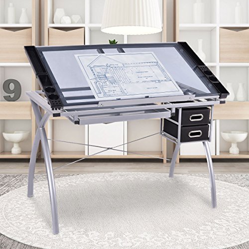 Tangkula Drafting Table Adjustable Home Office Workstation Glass Top Steel Frame Art Craft Station Drawing Desk (Silver 002)