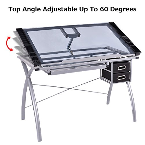 Tangkula Drafting Table Adjustable Home Office Workstation Glass Top Steel Frame Art Craft Station Drawing Desk (Silver 002)