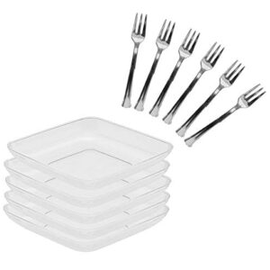 40 2.5" Mini Square Dessert Plates And 50 4" Mini Silver Tasting Forks. 90 Piece Tasting Sampling Dessert Appetizer Set. Disposable Plastic Hors D'oeuvres Combo Set.