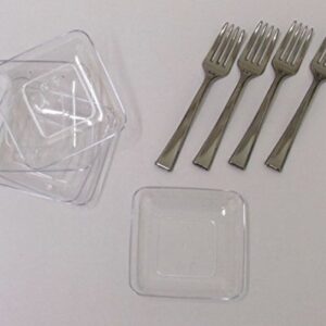 40 2.5" Mini Square Dessert Plates And 50 4" Mini Silver Tasting Forks. 90 Piece Tasting Sampling Dessert Appetizer Set. Disposable Plastic Hors D'oeuvres Combo Set.